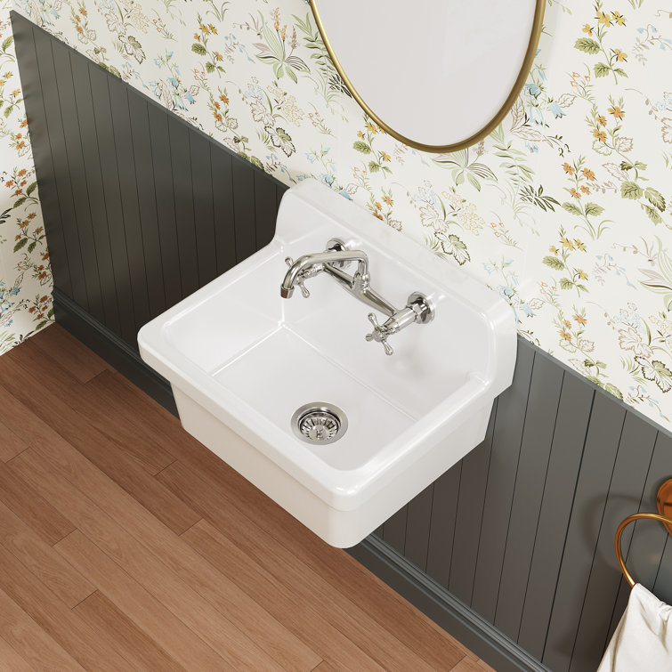 Ellai White Ceramic Utility Sink 24" Wall Mount Laundry Room Sink with 8 Inch Center Chrome ...